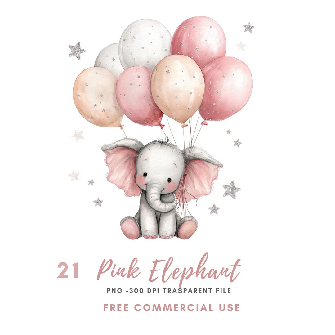 Pink Elephant Nursery Clipart PNG Bundle 21 High Quality| Watercolor ...