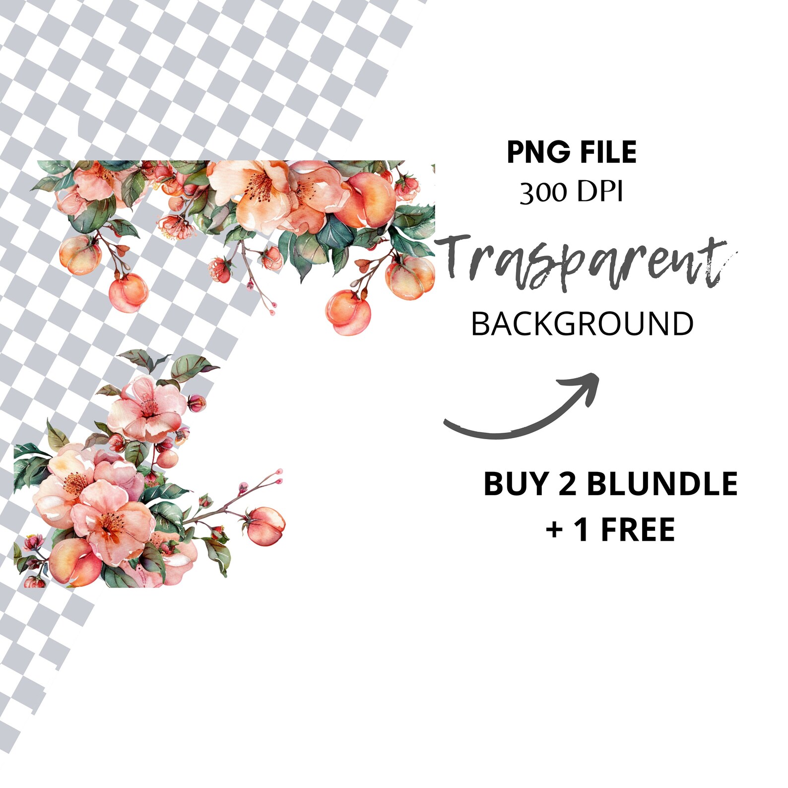 Peach Flower Garland Clipart Bundle 13 High Quality Png,watercolor ...