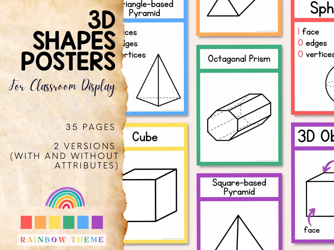 Vibrant Rainbow 3D Shapes Posters Classroom Wall Display - Math ...