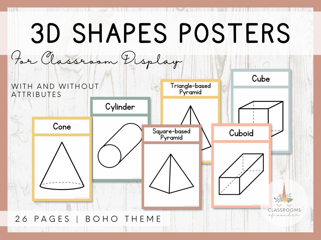3D Shapes Classroom Display with & Without Attributes Warm, Boho ...