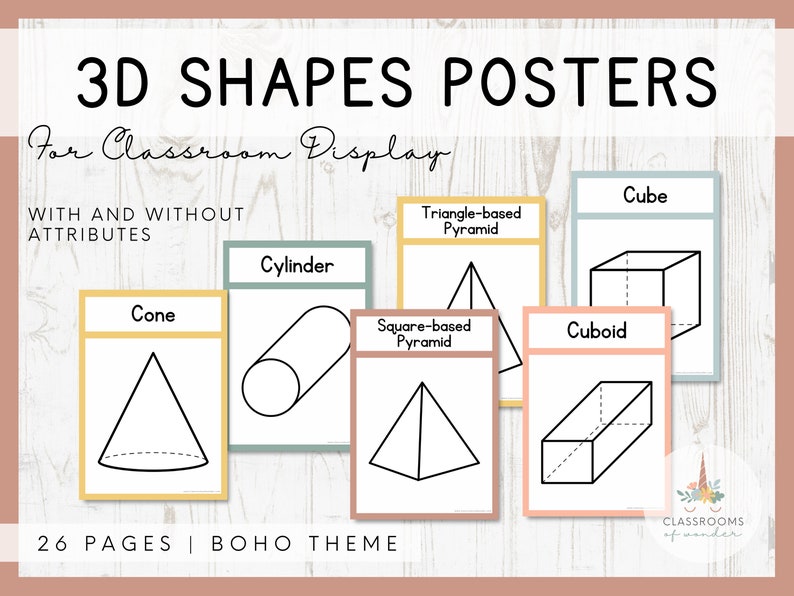 3D Shapes Classroom Display with & Without Attributes Warm, Boho ...