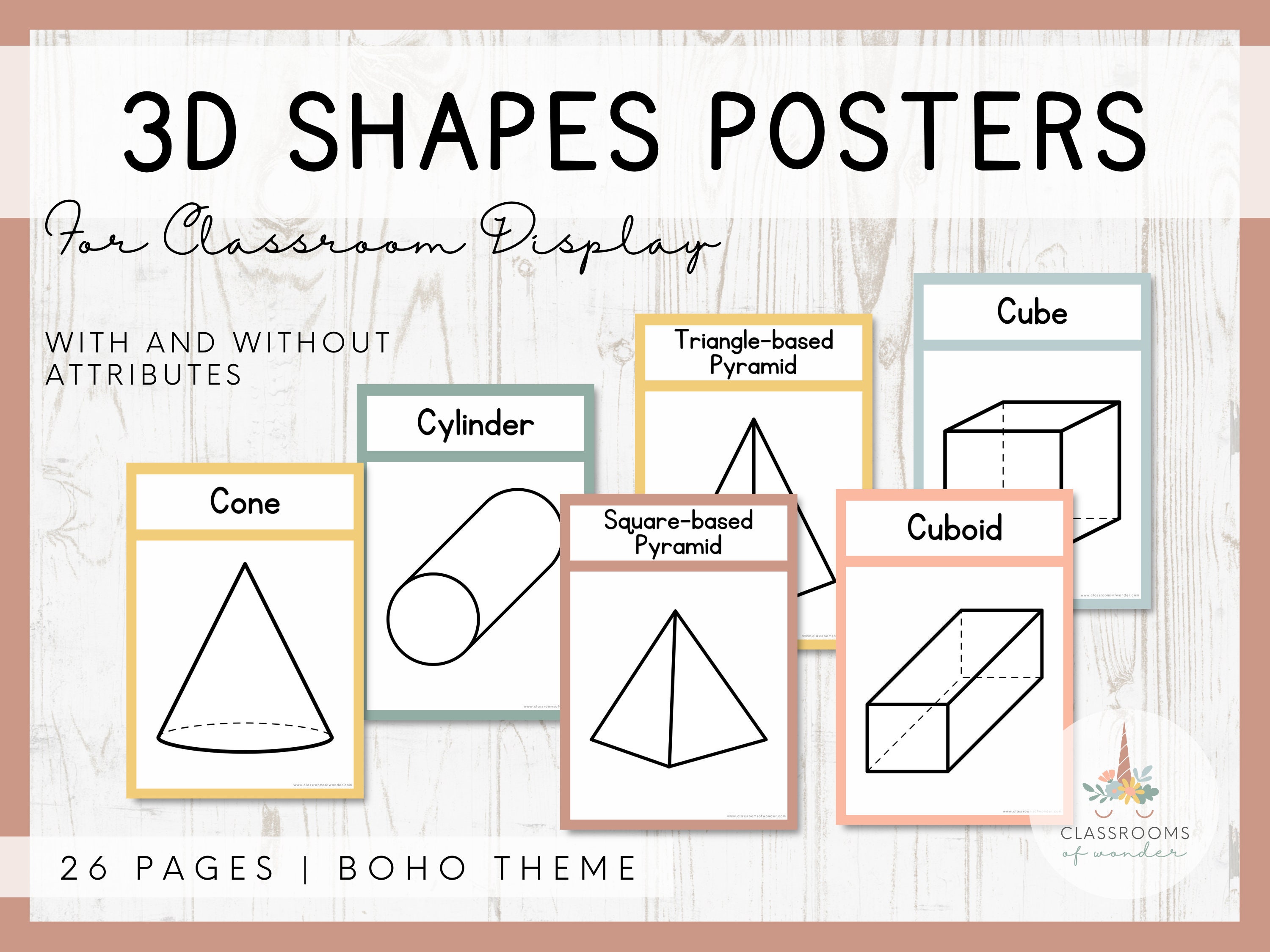 3D Shapes Classroom Display with & Without Attributes Warm, Boho ...