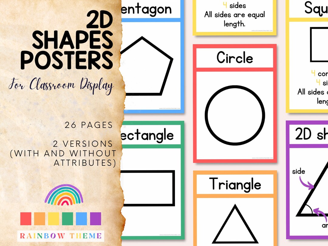 Vibrant Rainbow 2D Shapes Posters for Classroom Display with & Without ...