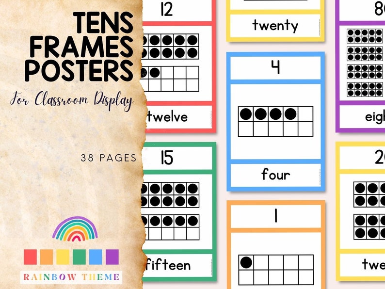 Vibrant Rainbow Tens Frame Posters for Classroom Display Math Learning ...