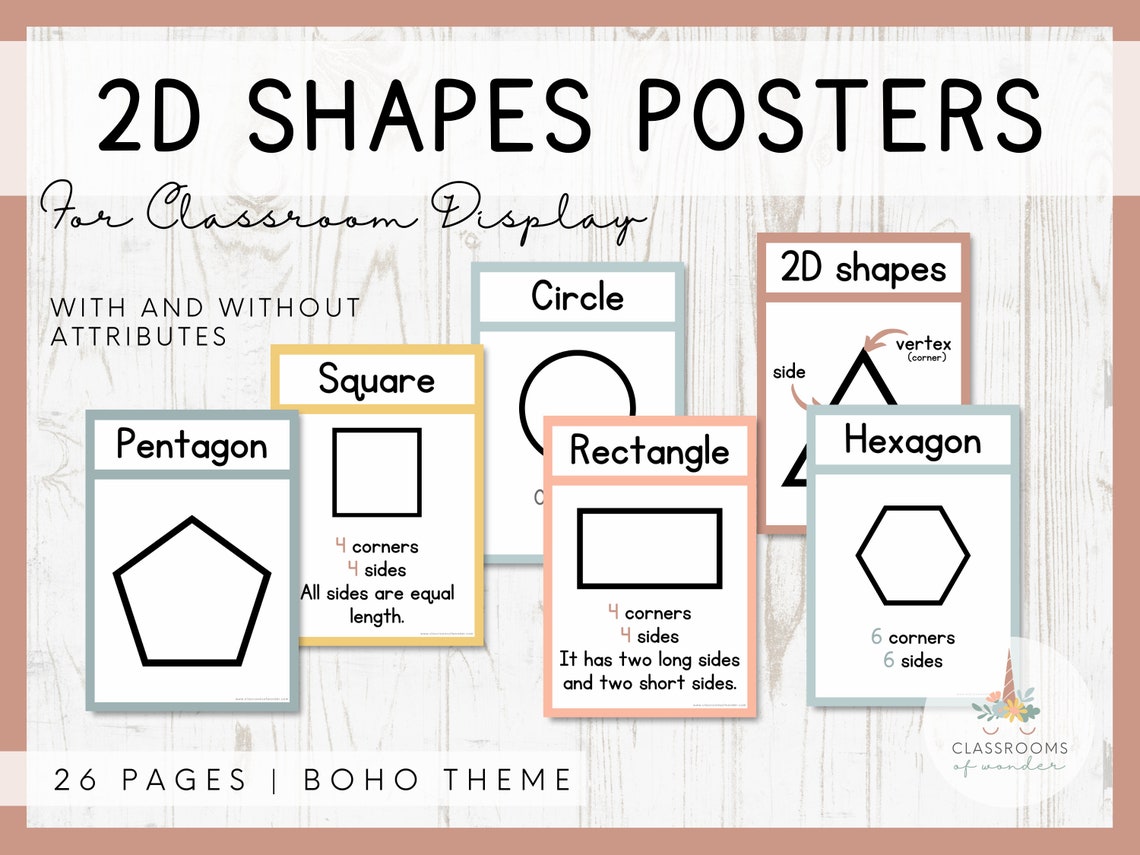 2D Shapes Posters for Classroom Display with & Without Attributes Warm ...
