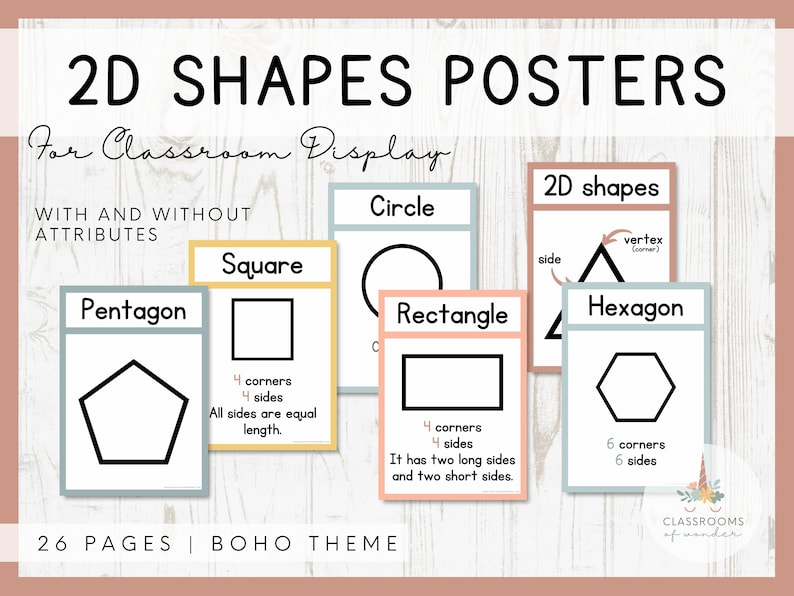 2D Shapes Posters for Classroom Display with & Without Attributes Warm ...