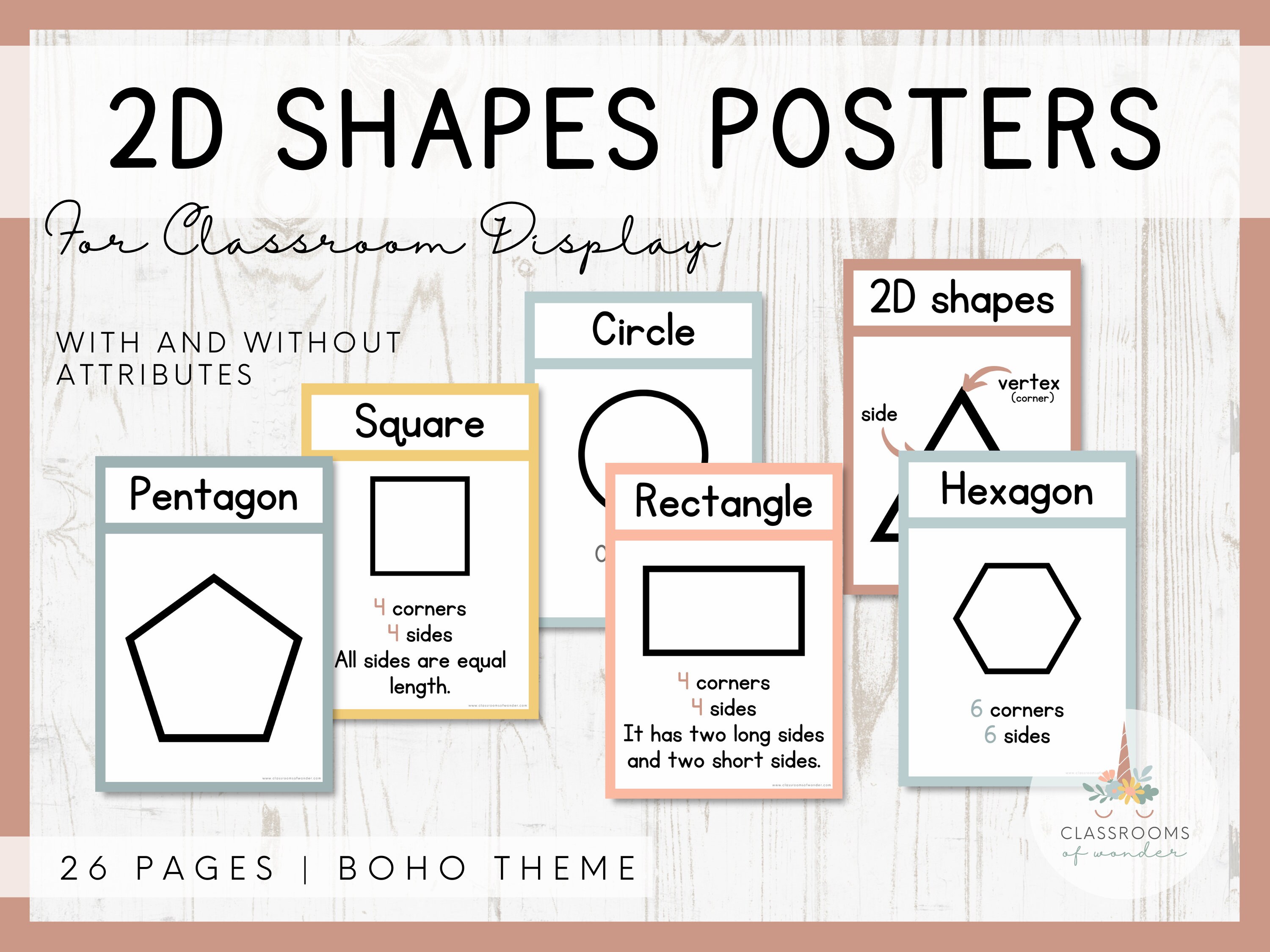 2D Shapes Posters for Classroom Display with & Without Attributes Warm ...