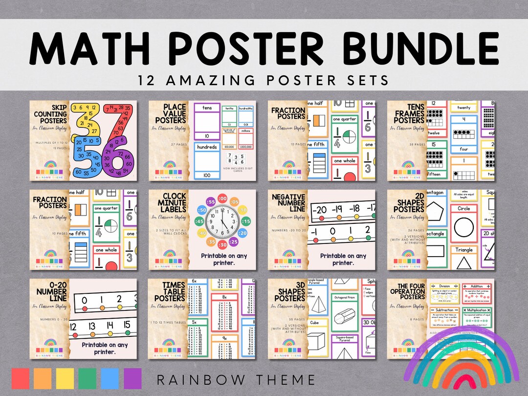 Vibrant Rainbow Math Classroom Poster Bundle Complete Set - Etsy