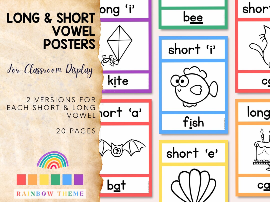 Vibrant Rainbow Long and Short Vowel Sound Posters for Classroom ...