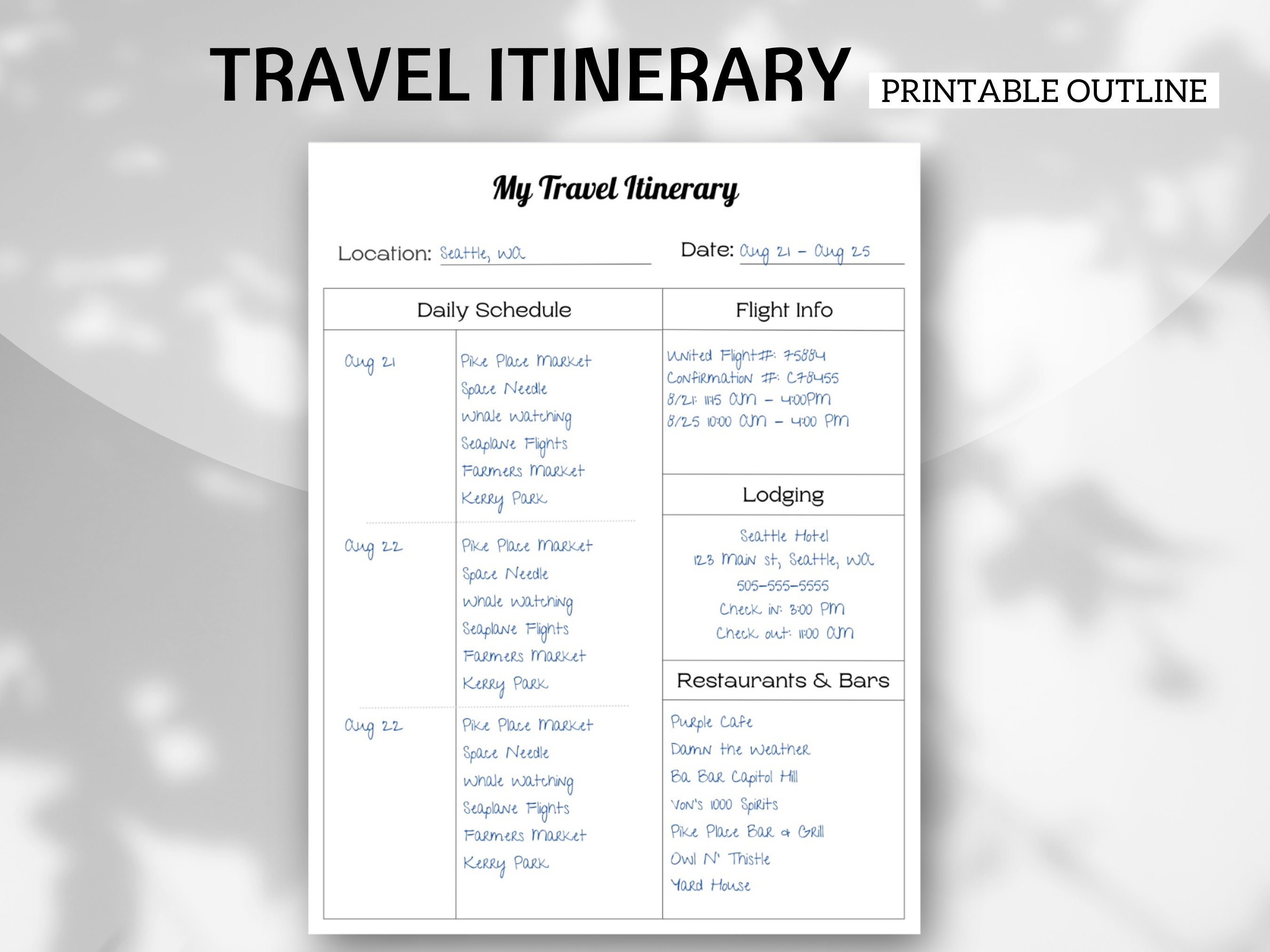 Printable Travel Itinerary Template | Editable Simplistic Travel ...