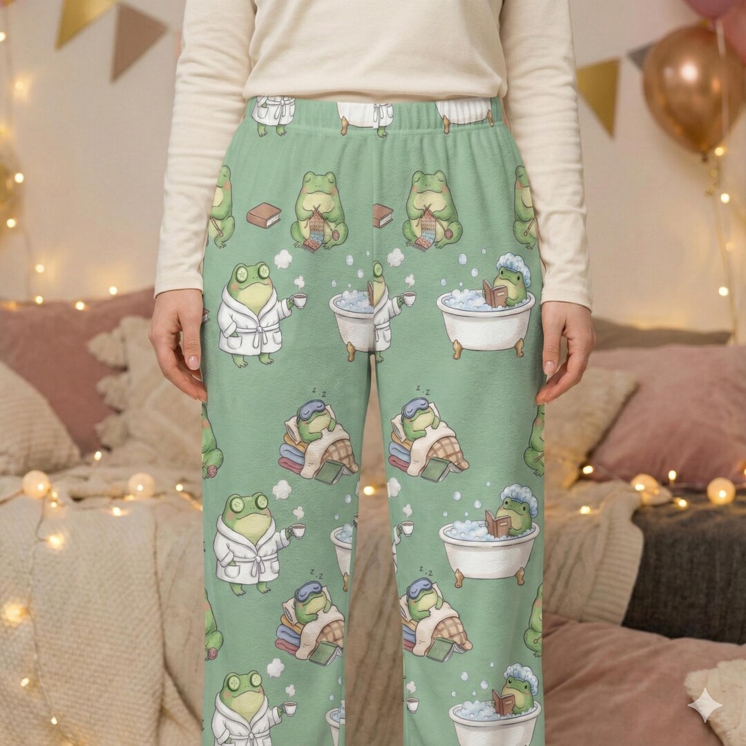 Goblincore Frog Pajama Pants, Sage Green Self Care Spa Frogs, Cute ...