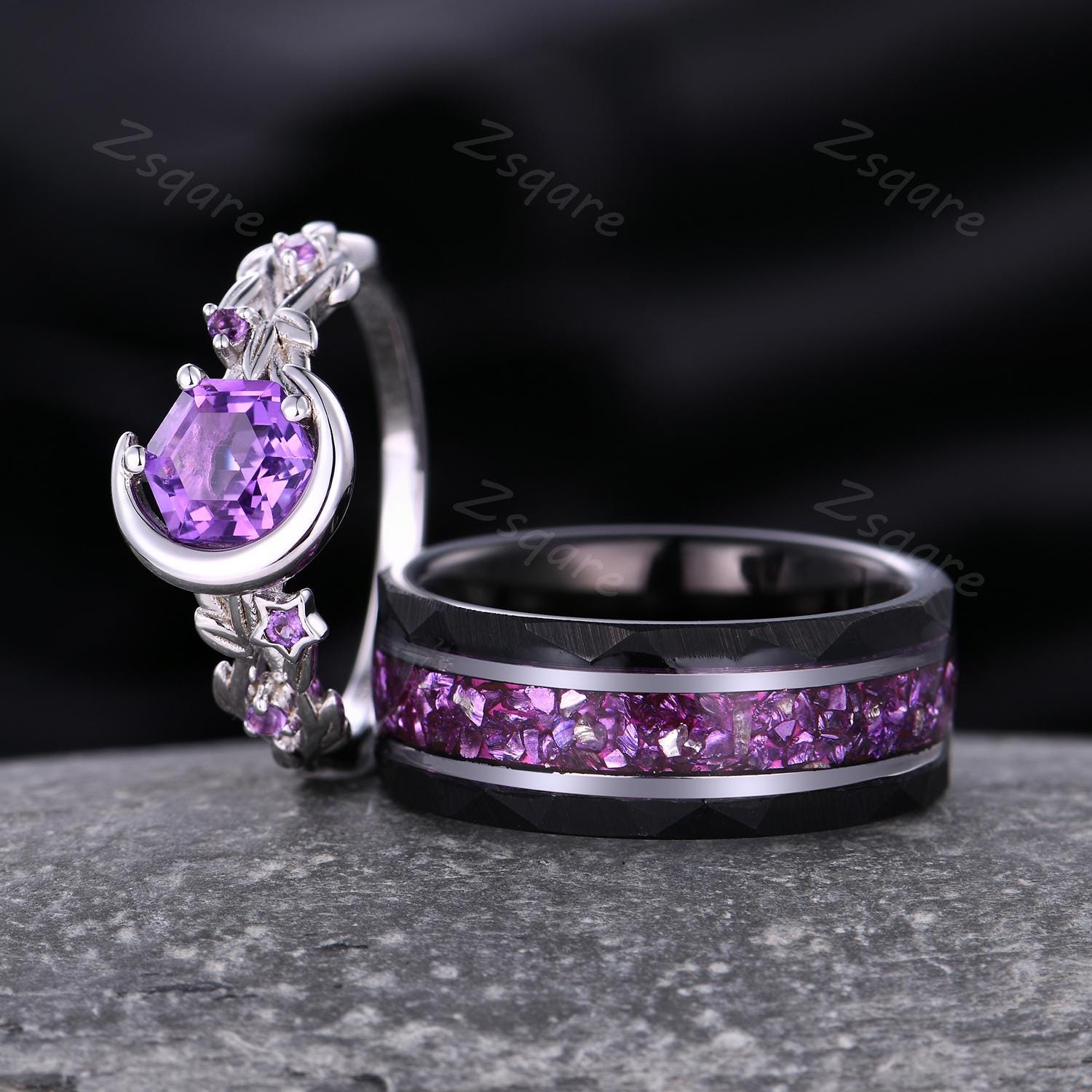 Nature Inspired Amethyst Couples Ring Sterling Silver His and Hers ...