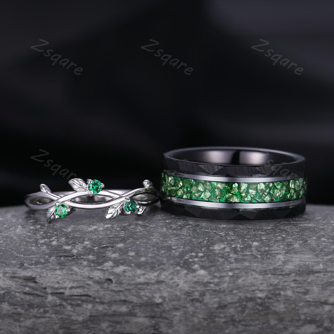 Delicate Emerald Couples Ring Set Silver & Black Tungsten Matching Band ...