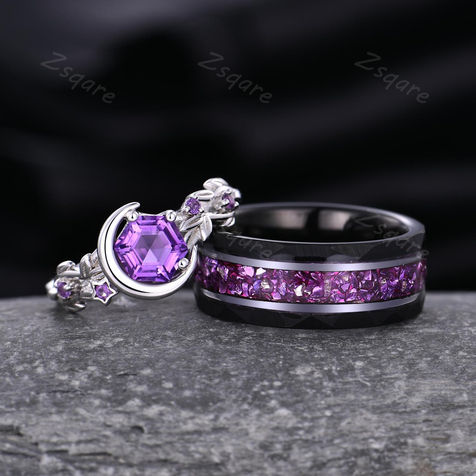 Nature Inspired Amethyst Couples Ring Sterling Silver His and Hers Wedding Band Amethyst ...