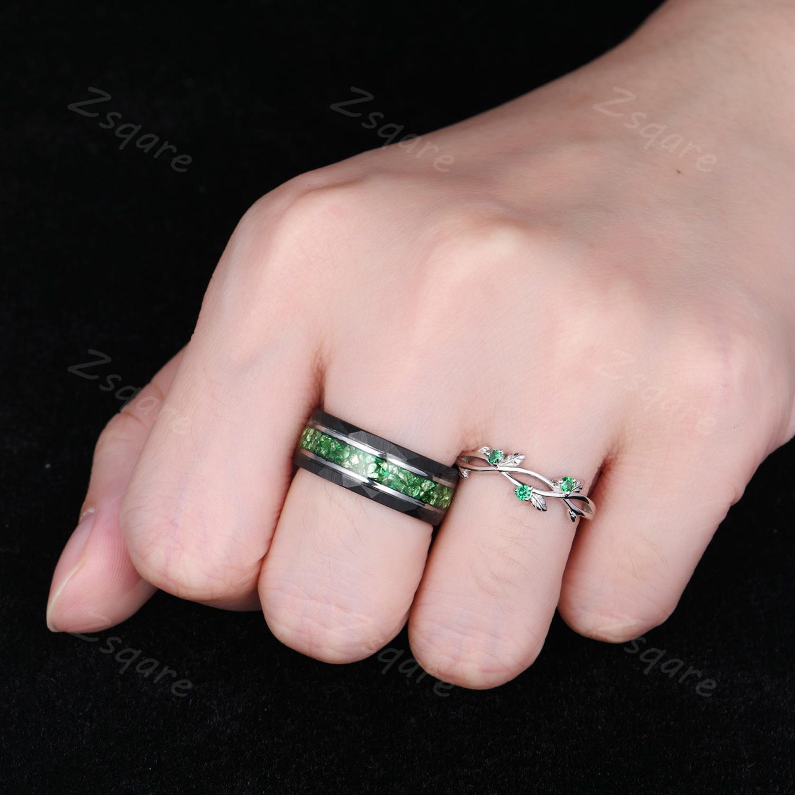 Delicate Emerald Couples Ring Set Silver & Black Tungsten Matching Band ...