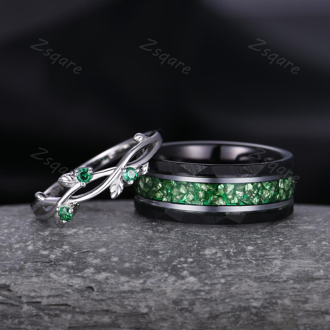 Delicate Emerald Couples Ring Set Silver & Black Tungsten Matching Band ...