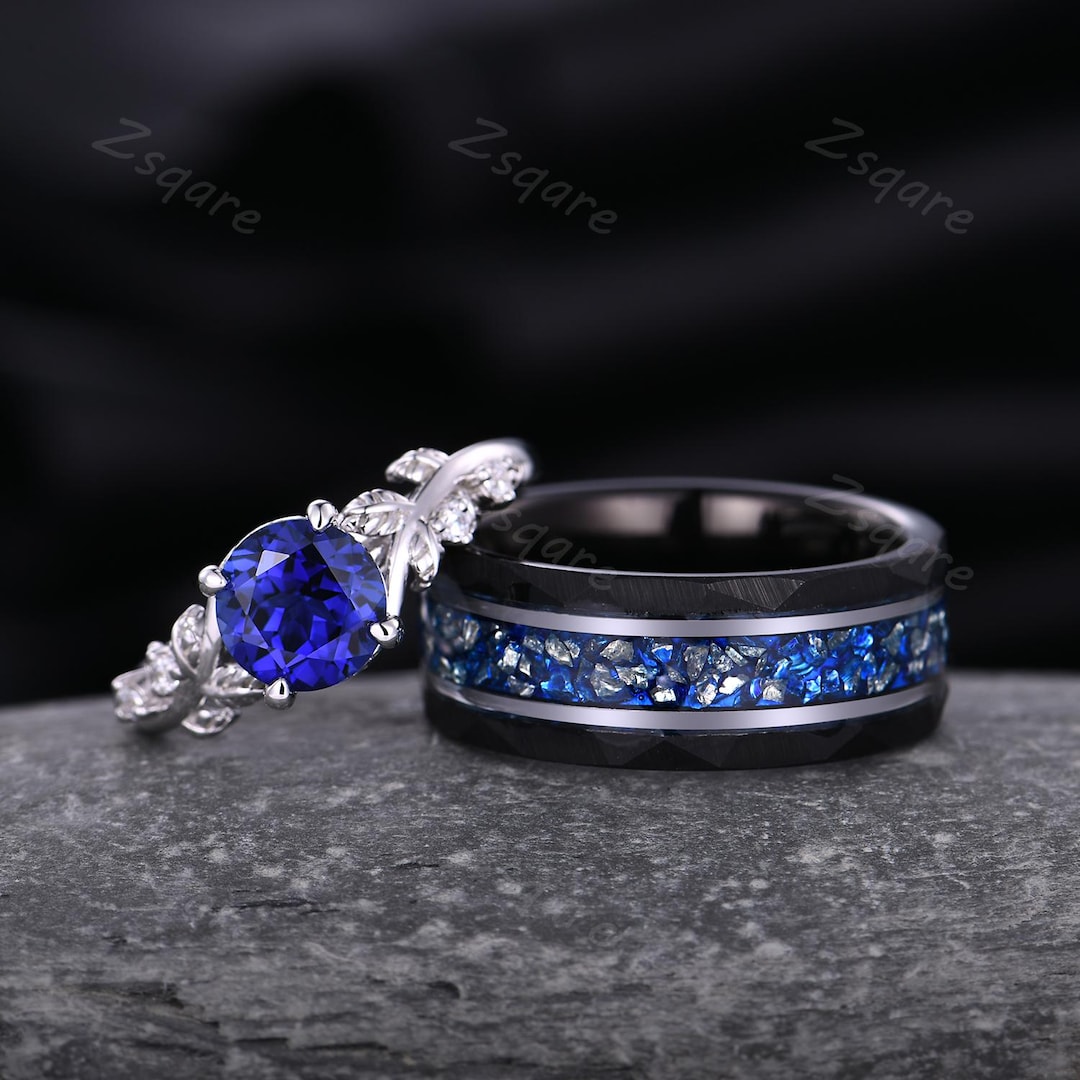Vintage Blue Sapphire Couples Ring Set Crushed Blue Sapphire Mens Ring ...