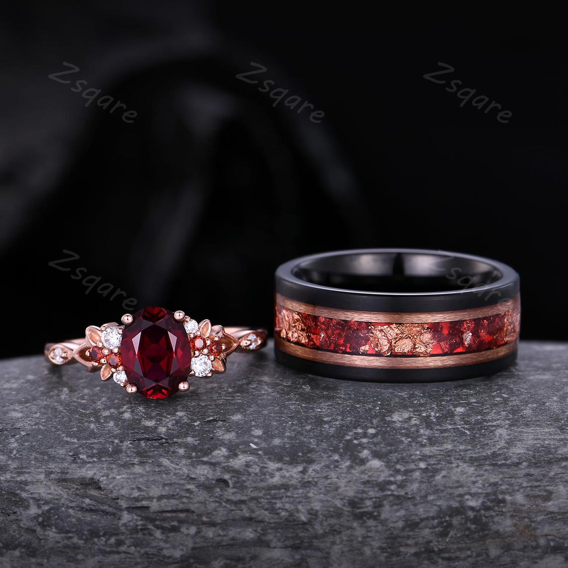 Vintage Oval Ruby Couples Ring Antique His and Hers Wedding Band Rose ...
