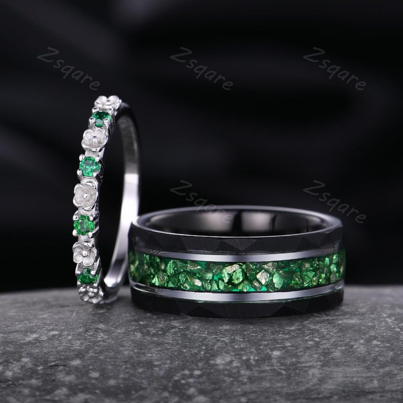 2PCS Emerald Couples Ring Set White Gold Matching Band Mens Crushed ...