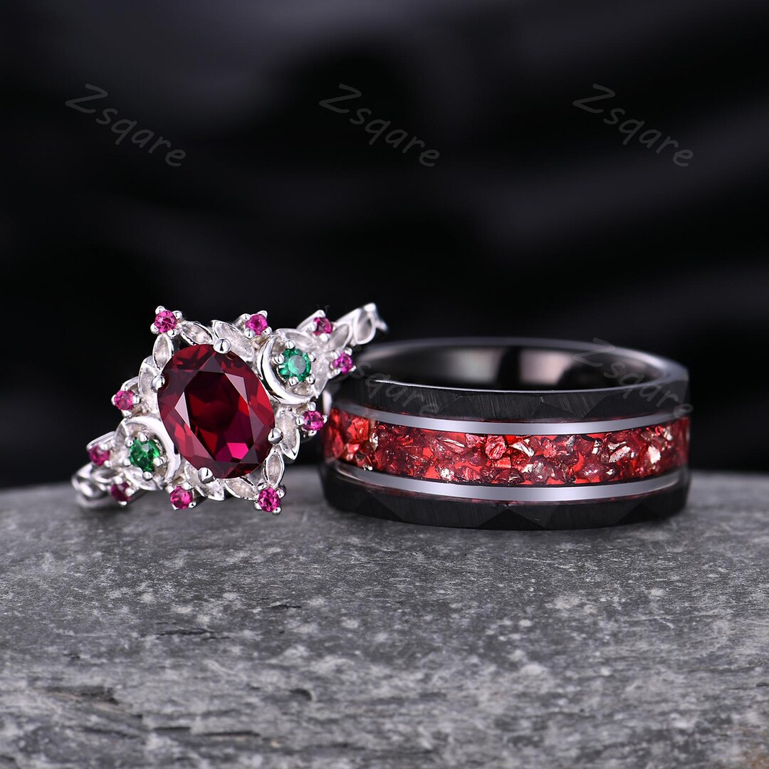 Antique Red Ruby Couples Ring White Gold His and Hers Wedding Band ...