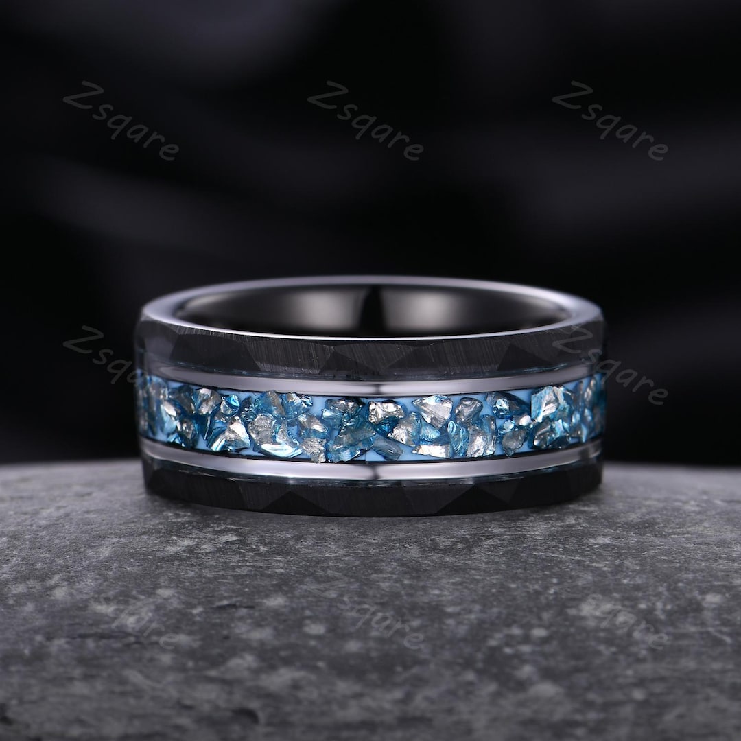 Crushed Aquamarine Men's Wedding Band 8MM Hammered Black Tungsten ...