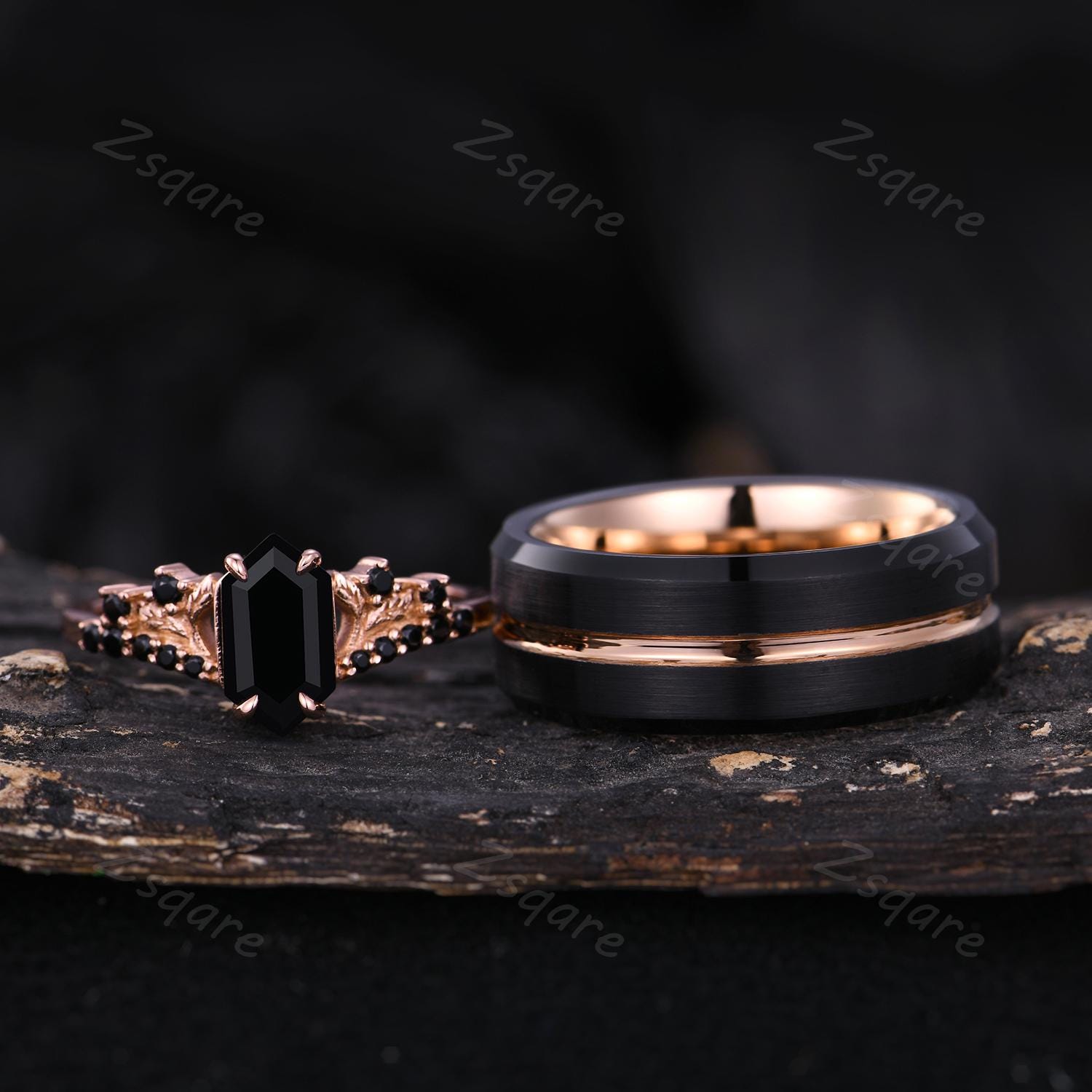 Hexagon Cut Black Onyx Couples Ring Vintage His and Hers Wedding Band ...
