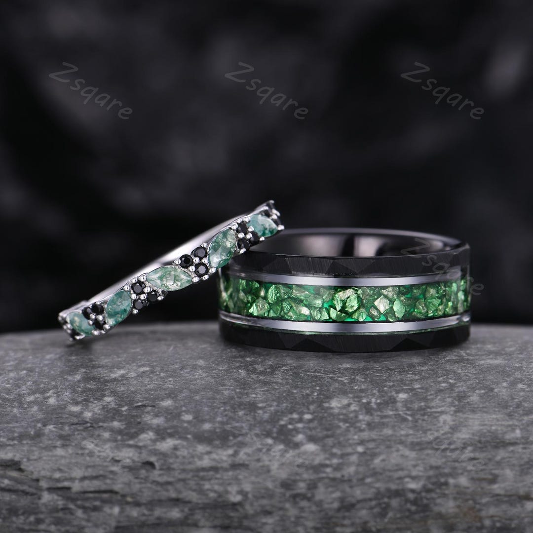 Moss Agate & Emerald Couples Ring White Gold Matching Band Mens Crushed ...