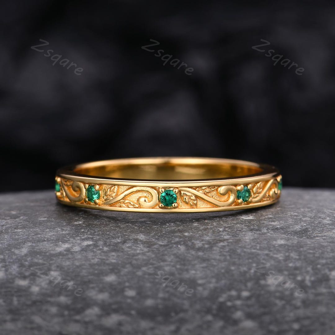 Art Deco Emerald Wedding Band, Yellow Gold Leaf Band, Stackable ...