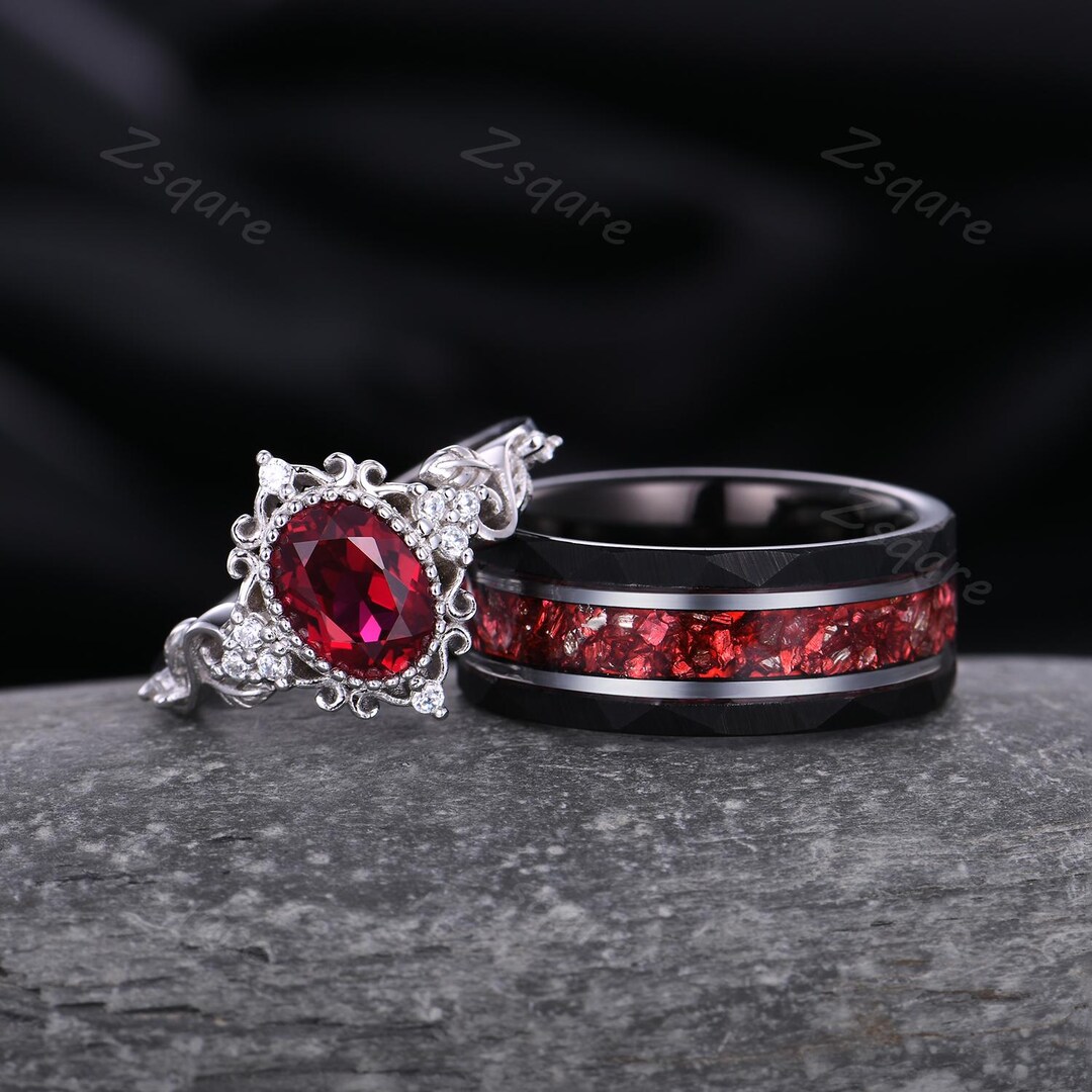 Oval Cut Ruby Couples Ring Silver and Tungsten His and Hers Wedding ...