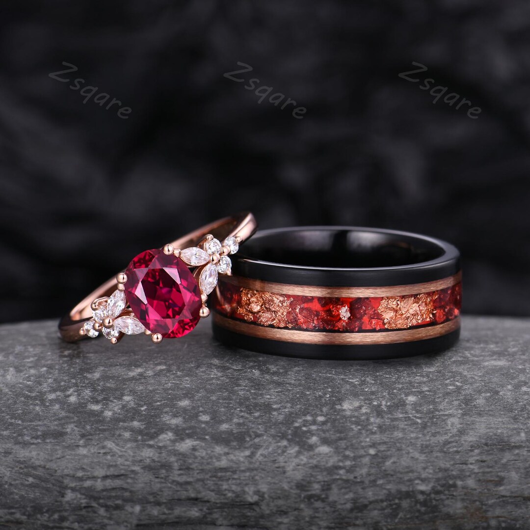 Unique Oval Ruby Couples Ring Rose Gold His and Hers Wedding Band ...