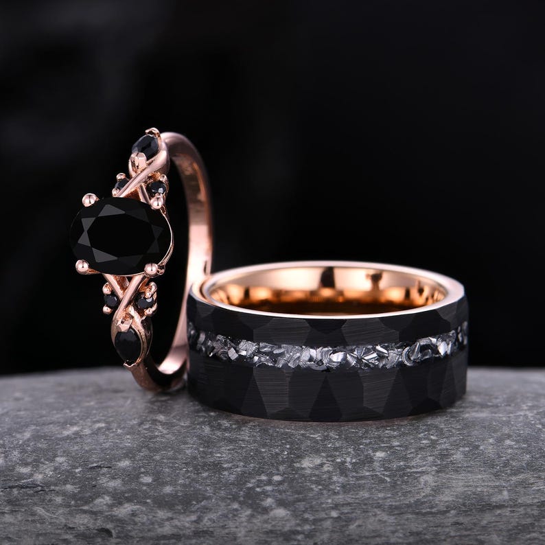 Oval Cut Black Onyx Couples Ring Rose Gold Matching Promise Ring Set ...