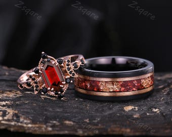 Vintage Oval Ruby Couples Ring Antique His and Hers Wedding Band Rose ...