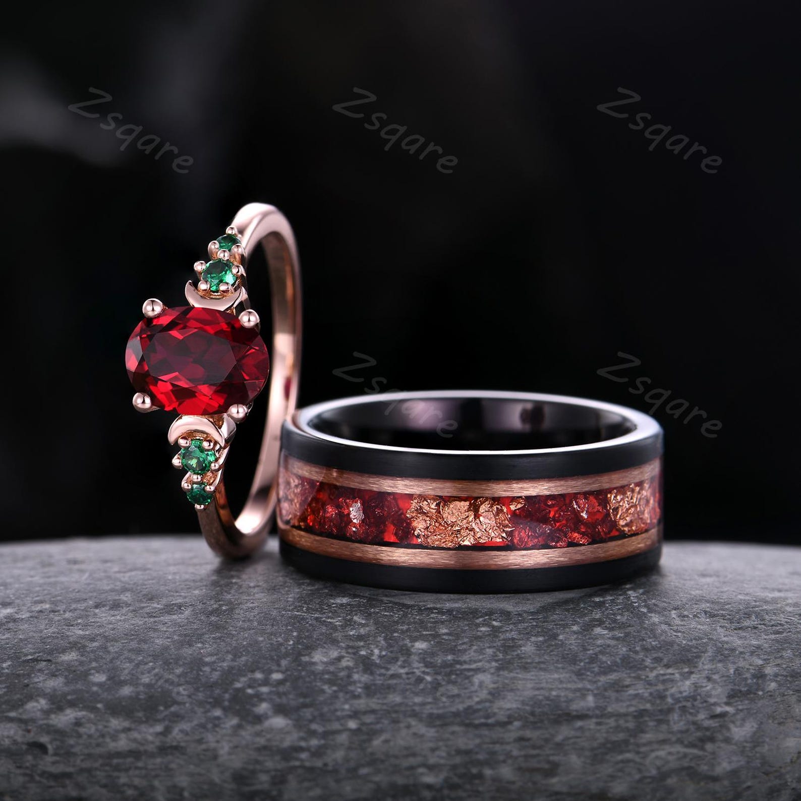 Oval Cut Ruby Couples Ring Set Rose Gold Matching His and Hers Wedding ...