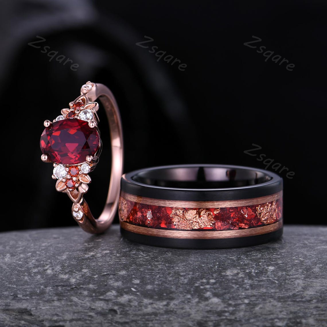 Vintage Oval Ruby Couples Ring Antique His and Hers Wedding Band Rose ...