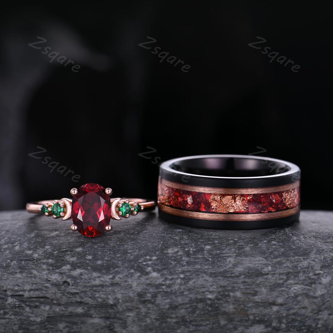 Oval Cut Ruby Couples Ring Set Rose Gold Matching His and Hers Wedding ...