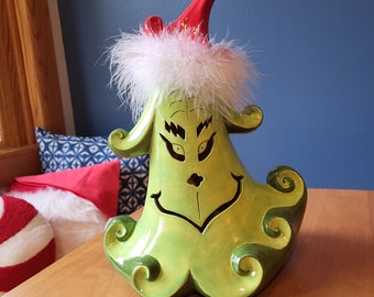 Large Leaning grinch Style Christmas Tree With Natural Tree Trunk Base ...