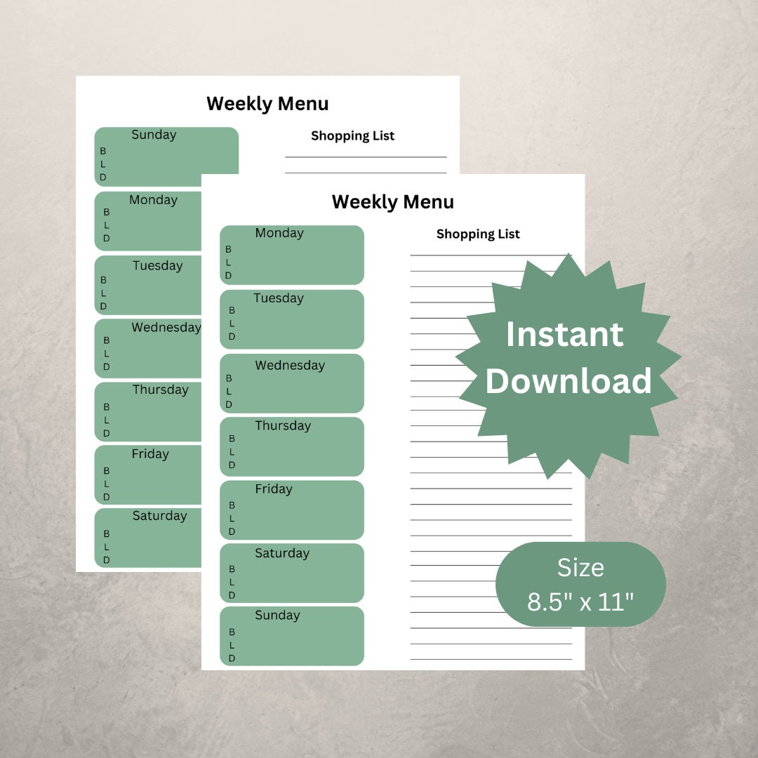 Weekly Menu Printable | Meal Planning Template | Digital Download ...