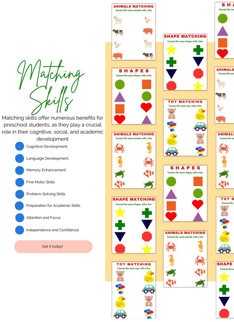 5 Preschool Printable Matching Worksheets for Teachers, Parents or ...