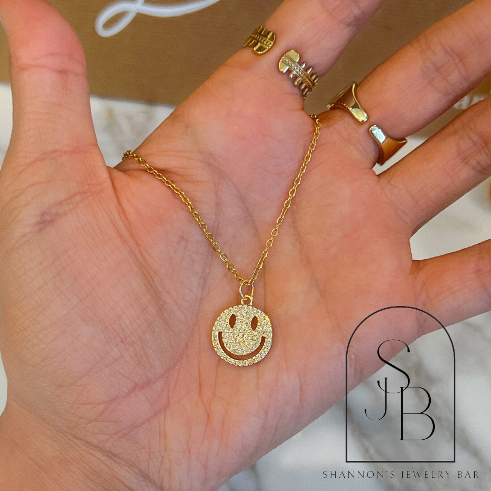 Handmade 18k Gold Plated Smiley Face Necklace: Cubic Zirconia Pendant ...