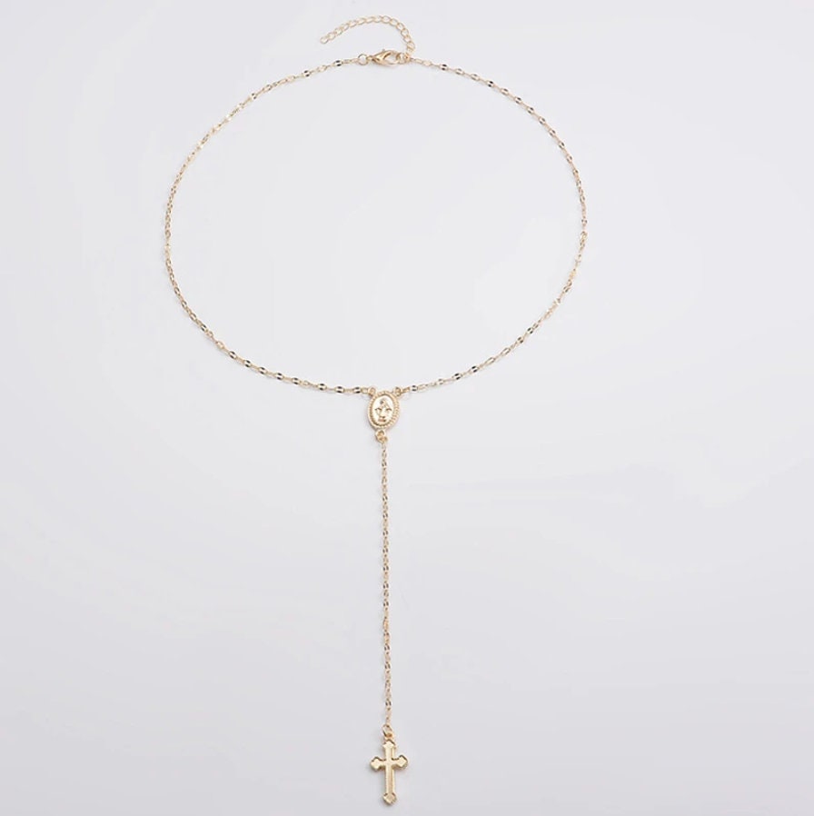 Gold Cross Charm Necklace, Christian Crucifix Bohemia Religious Rosary ...