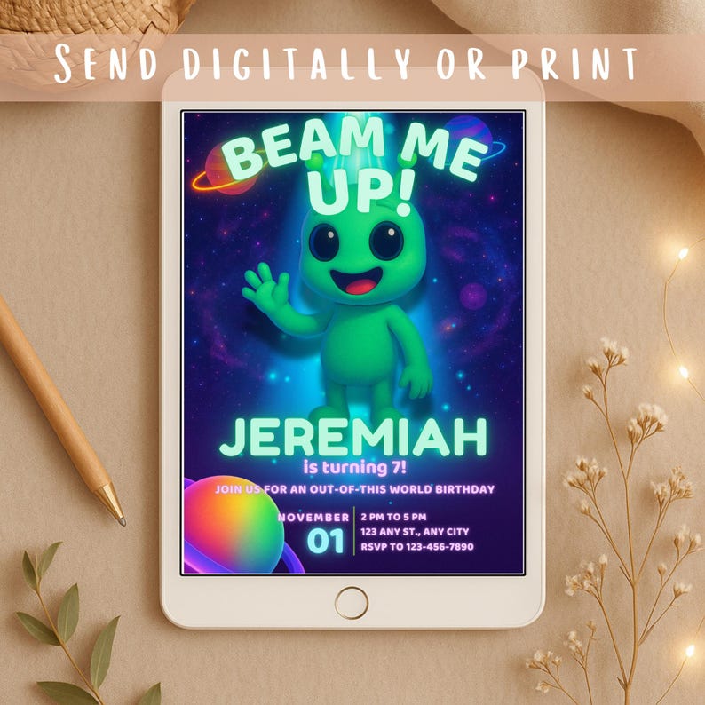 Beam Me up Alien Birthday Invitation | Editable Canva Template | Neon ...