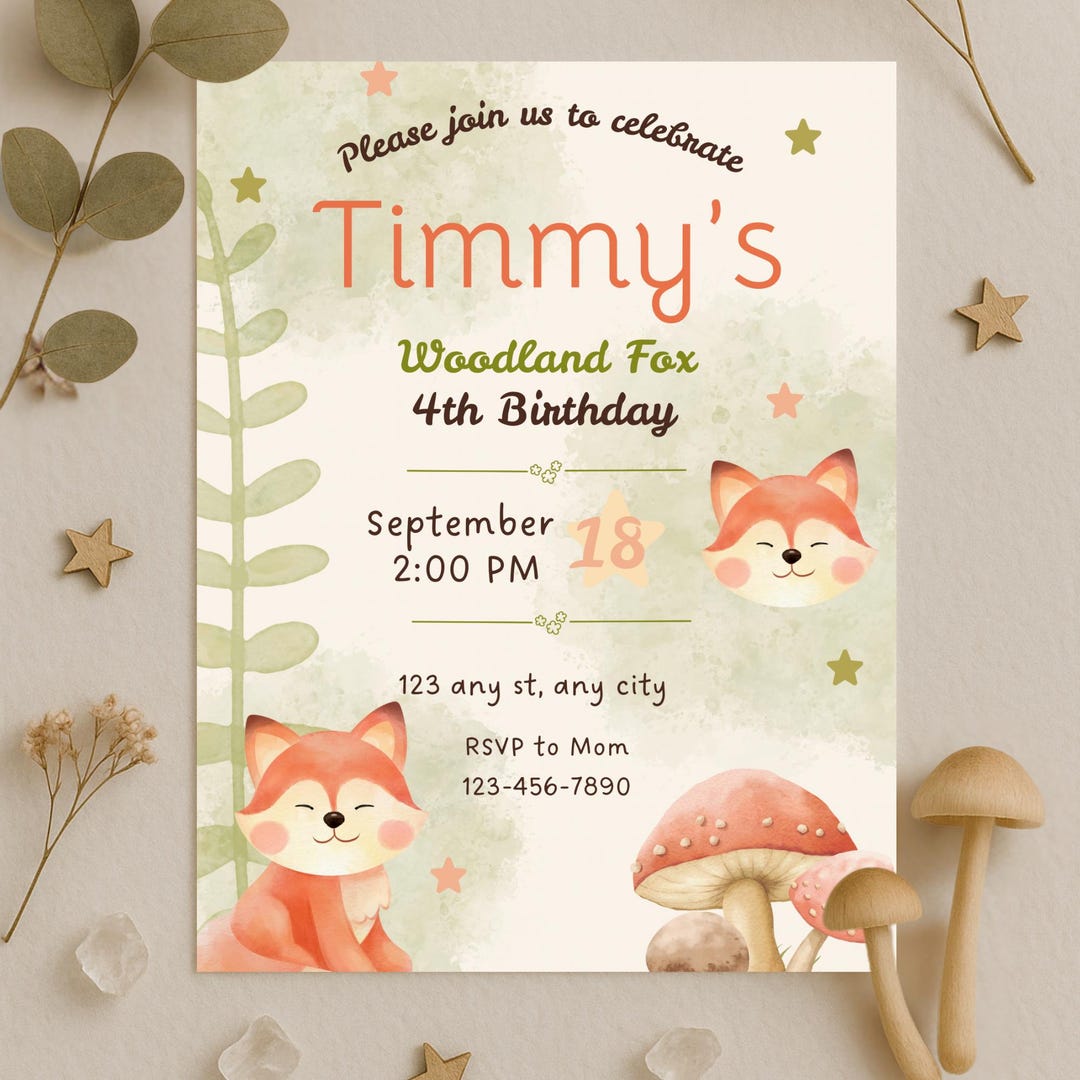 Woodland Fox Birthday Invitation – Editable 4th Birthday Party Template ...