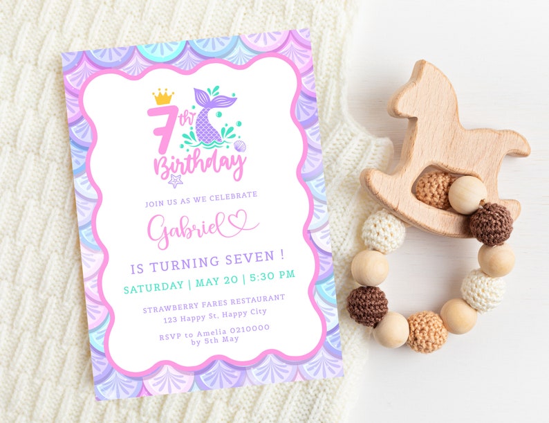 Mermaid 7th Birthday Party Invitations Template Turning 7 - Etsy