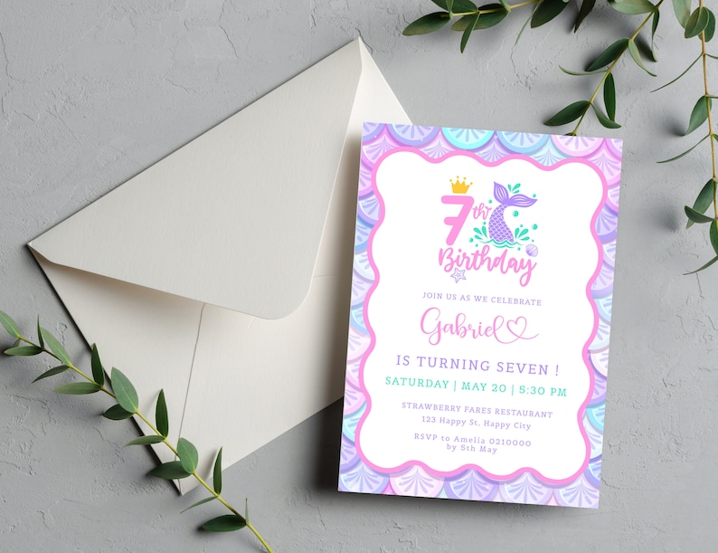 Mermaid 7th Birthday Party Invitations Template Turning 7 - Etsy