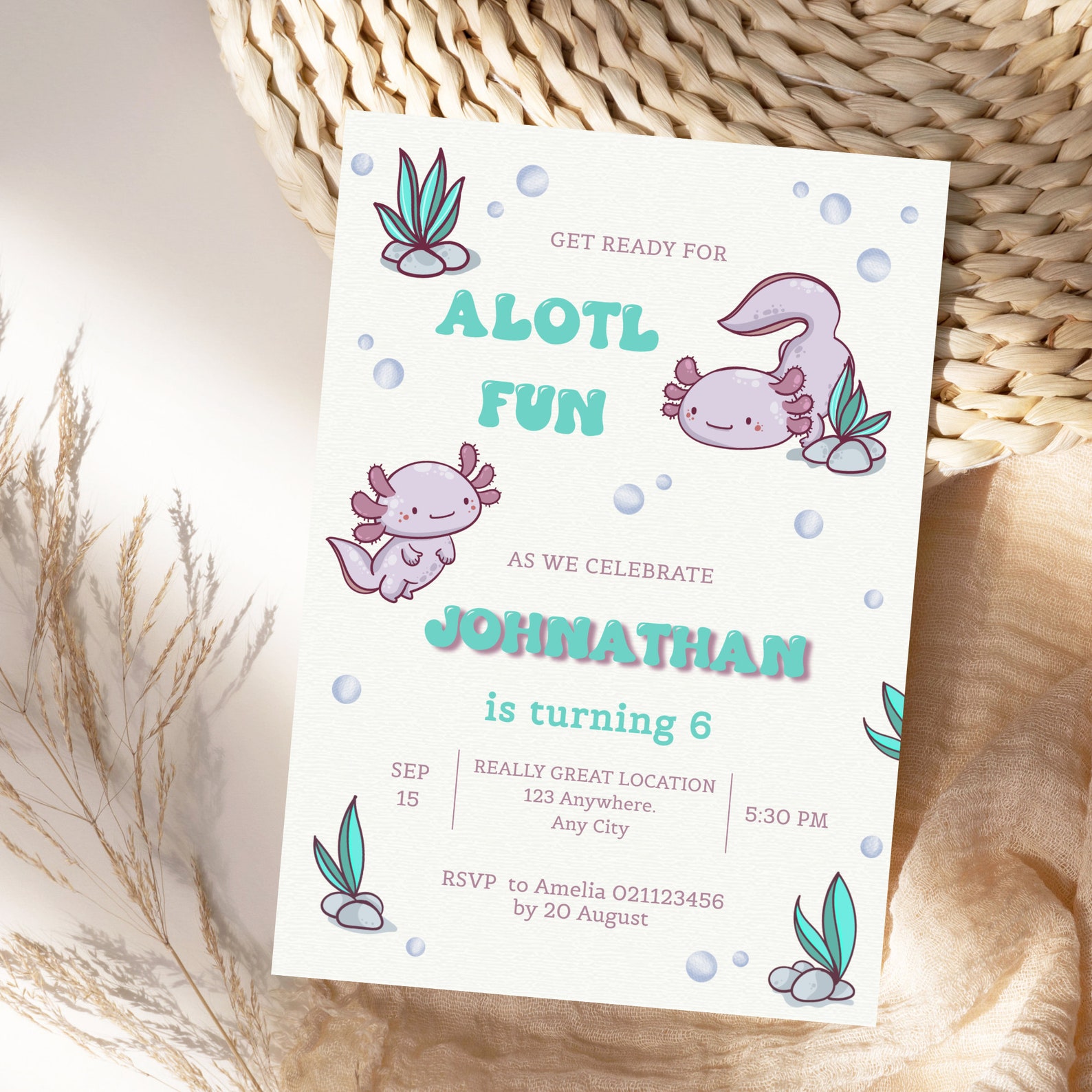 Axolotl Birthday Party Printable Invitation Template , Axolotl 6th ...