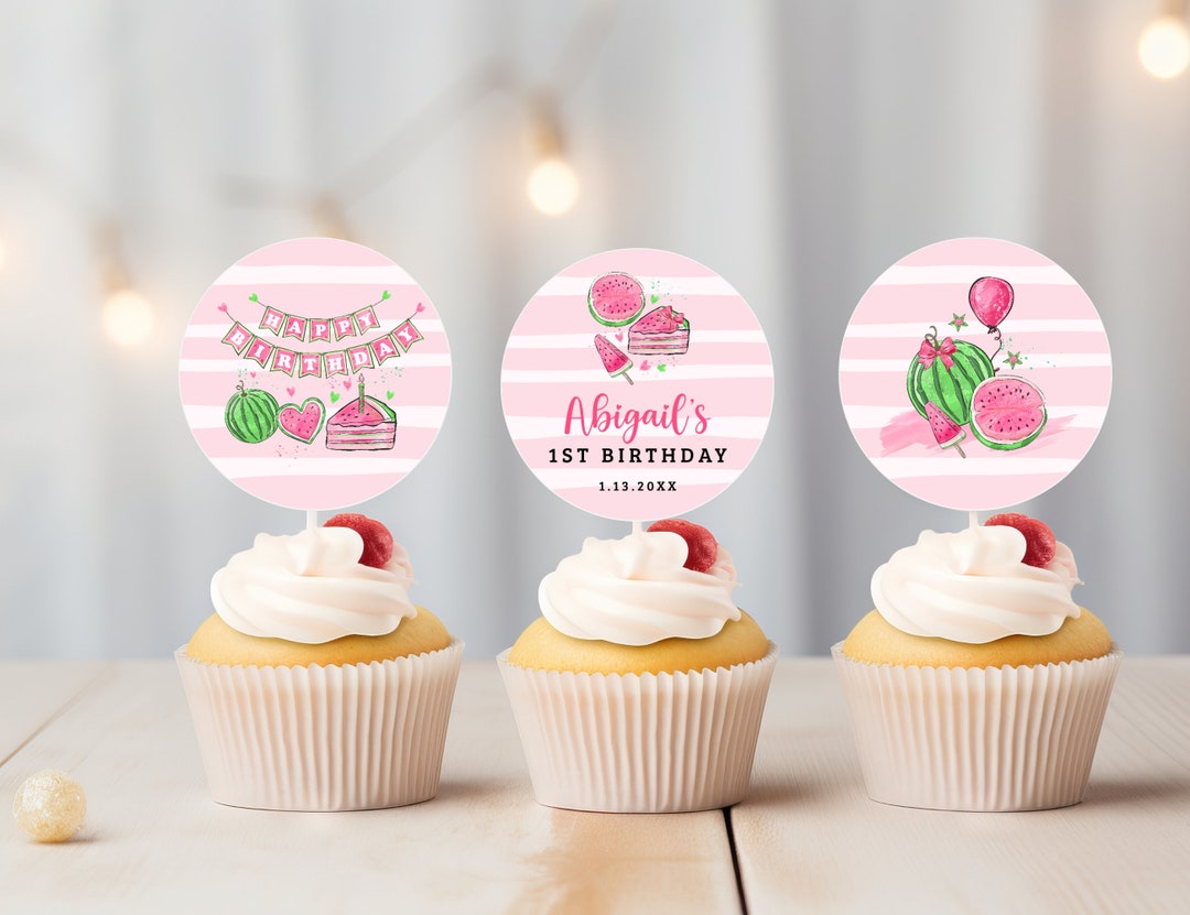 Watermelon Birthday Cupcake Toppers Template, EDITABLE Printable ...