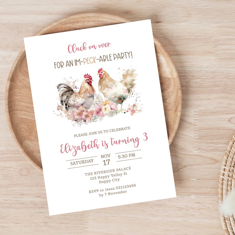 Printable Watercolor Chicken Birthday Party Invite Template , Farm ...