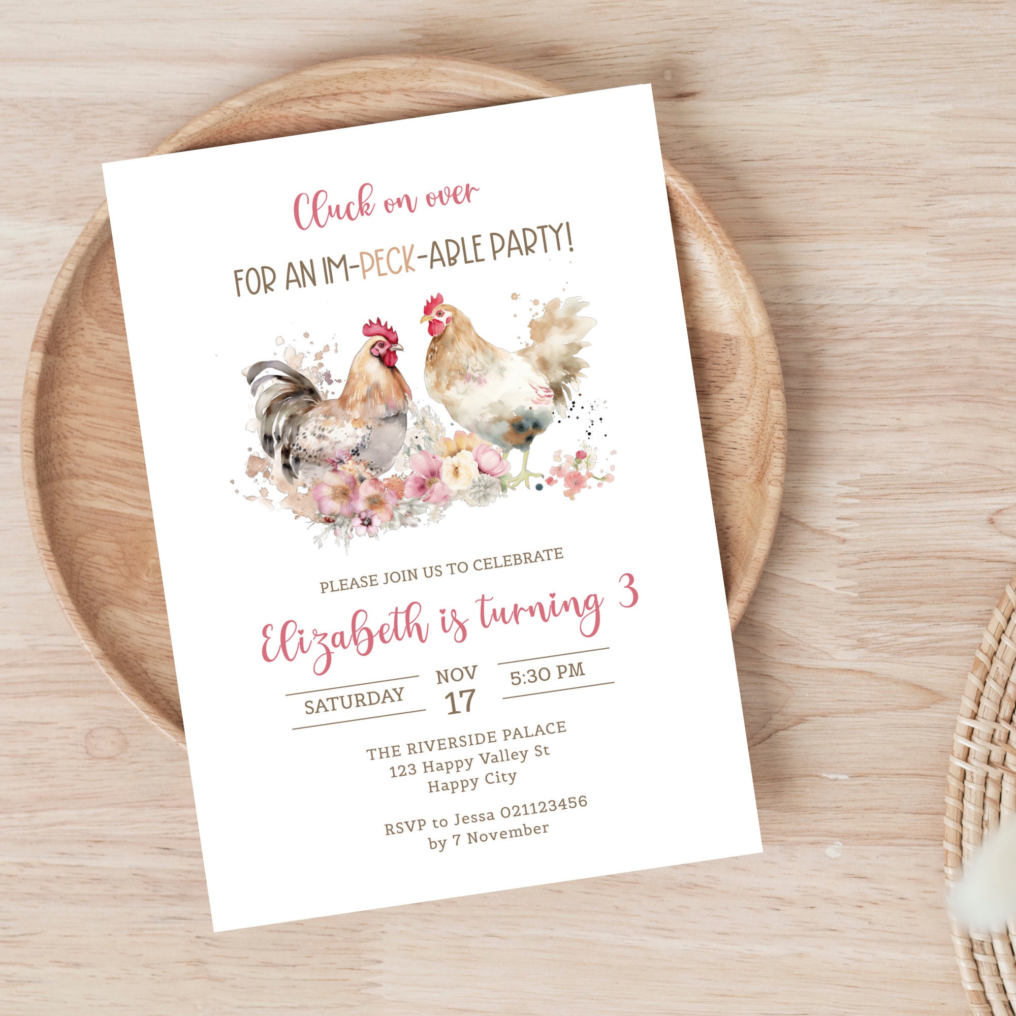 Printable Watercolor Chicken Birthday Party Invite Template , Farm ...