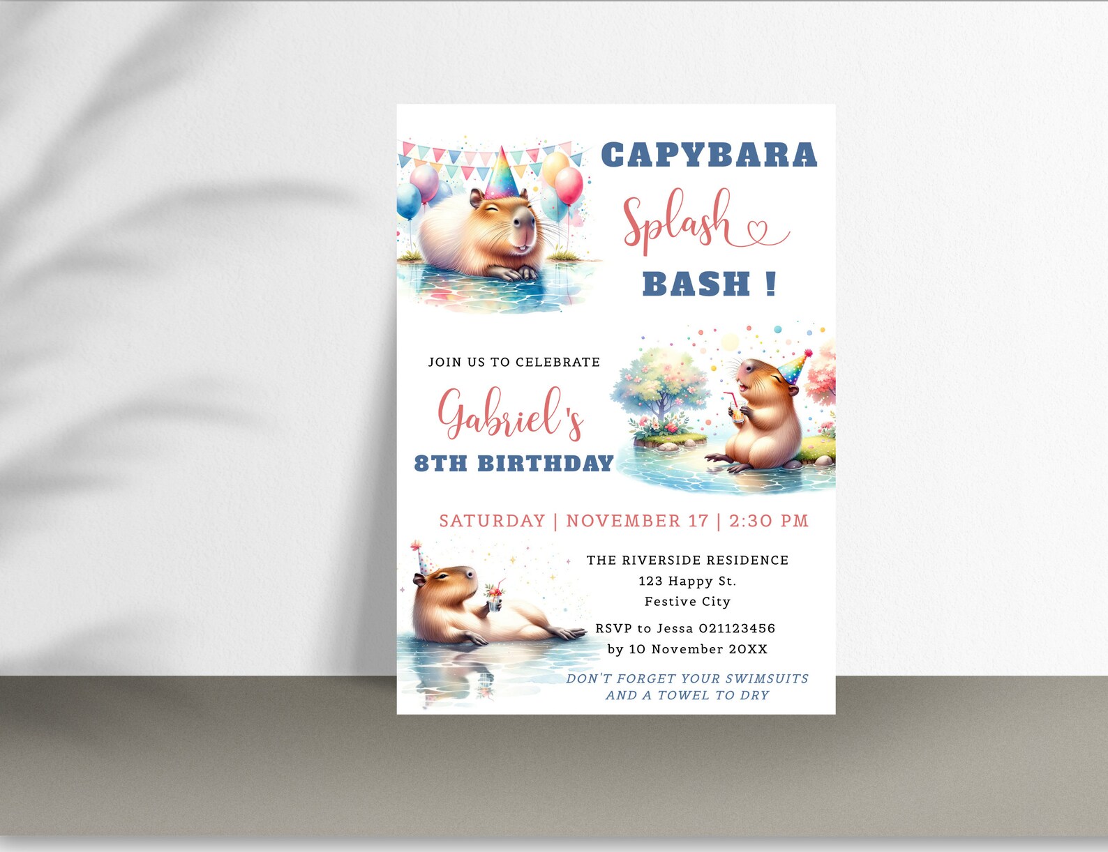 Capybara Splash Bash Birthday Invitation, Capybara 8th Birthday Invite Template, Animal Birthday ...