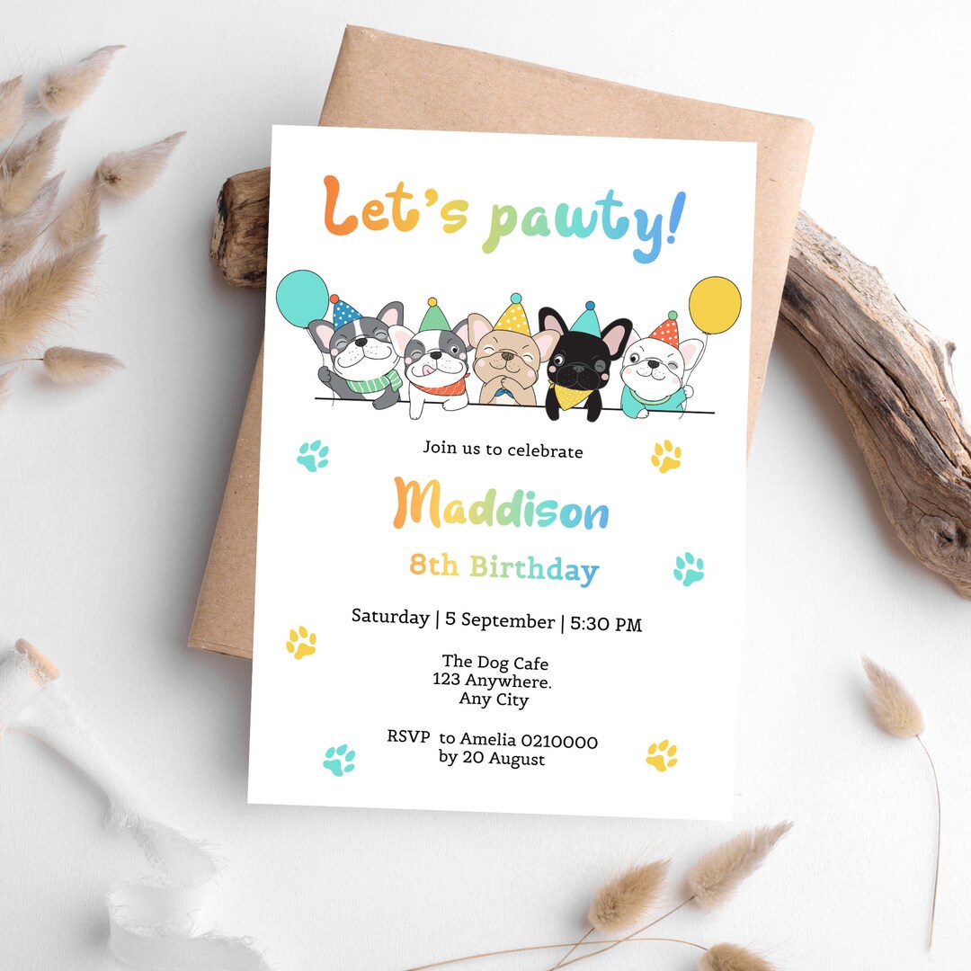 Editable Lets Pawty Birthday Birthday Invitation With Dog Template 8th ...